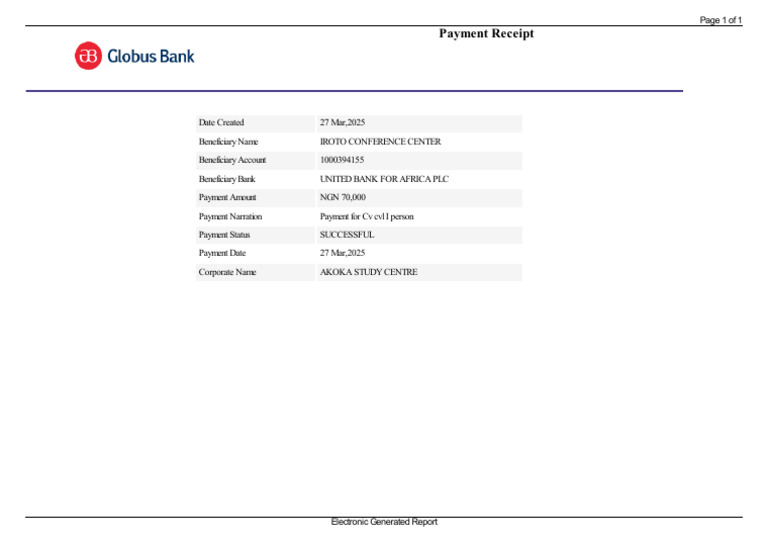 Payment Receipt - Iroto Conference Center - 2703251600 | PDF