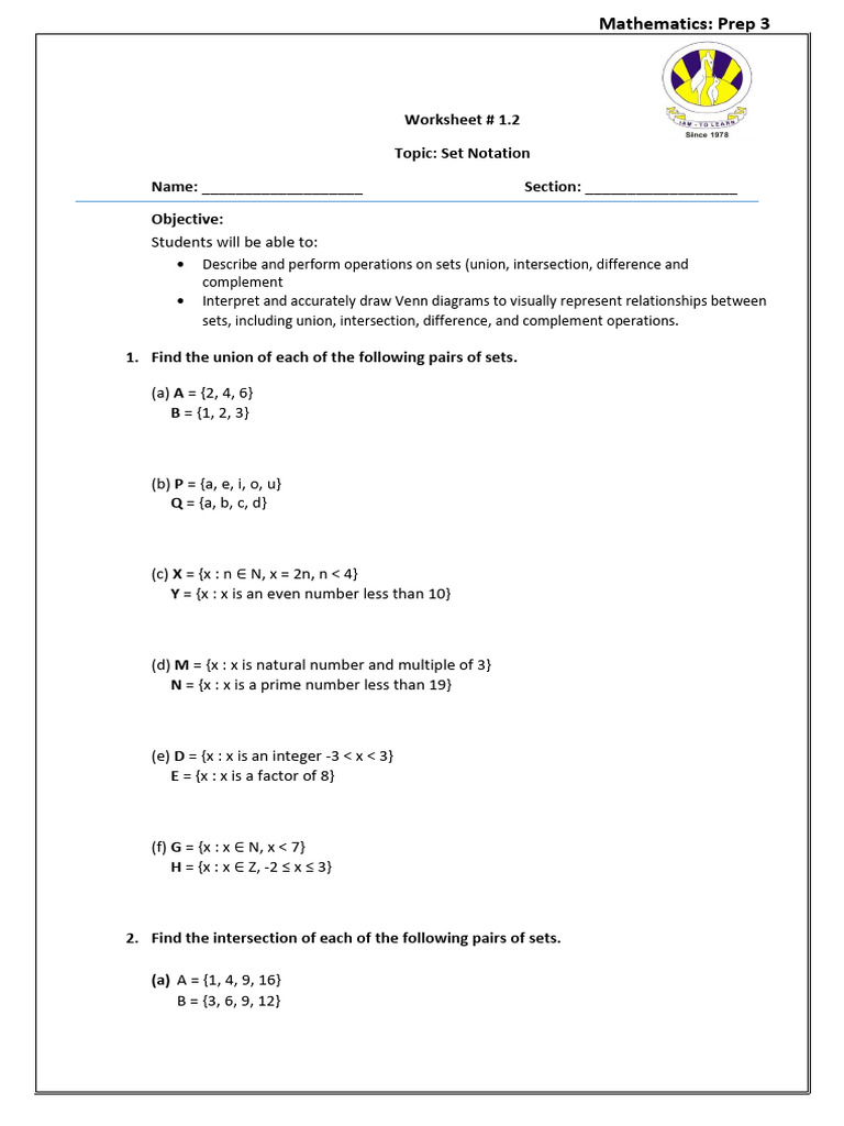 Worksheet 1.2 - Set Notation | PDF | Mathematical Concepts | Mathematics