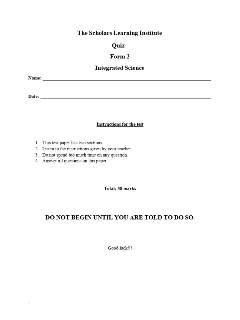 Form 2 Integrated Science Quiz | PDF | Cellular Respiration | Gases