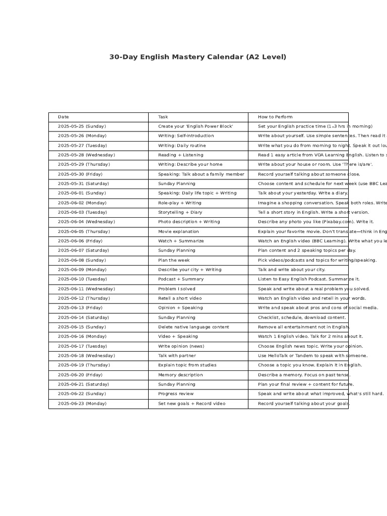 30 Day English Calendar | PDF