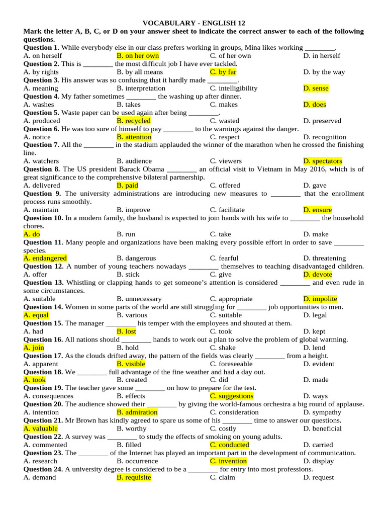 Revision - Vocabulary - G12 - Key | PDF