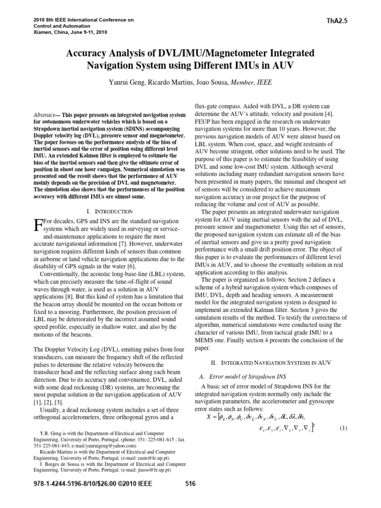 Accuracy Analysis of DVL IMU Magnetometer Integrated Navigation System Using Different IMUs in ...