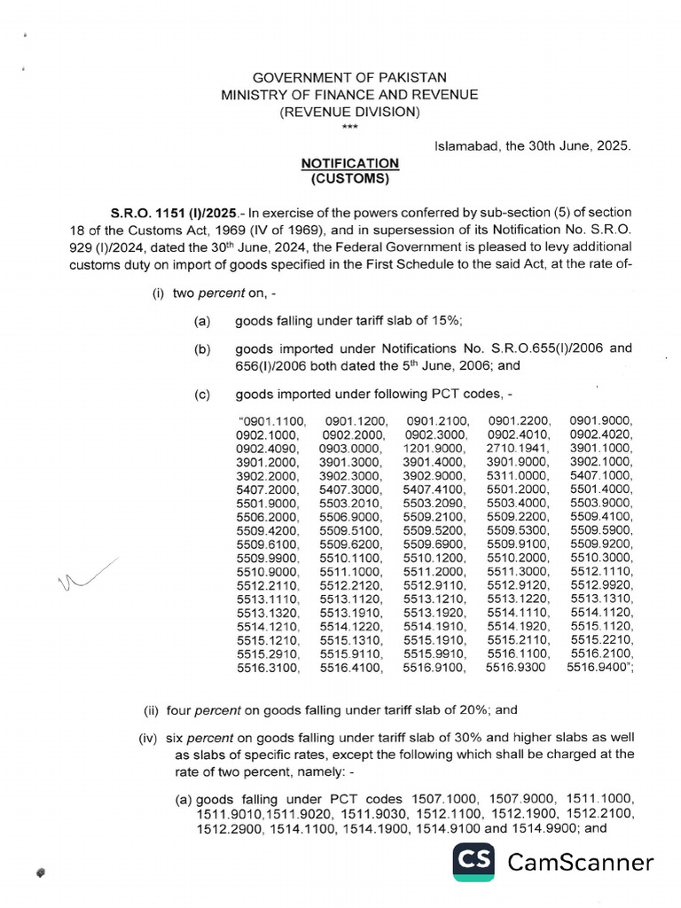 Pakistan Customs Tariff 2025 Update | PDF | Tariff | International Trade