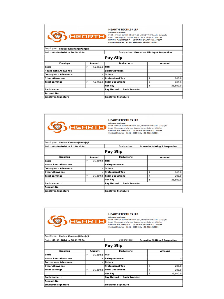Salary Slip Hearth Textile Karshan | PDF | Salary | Public Finance