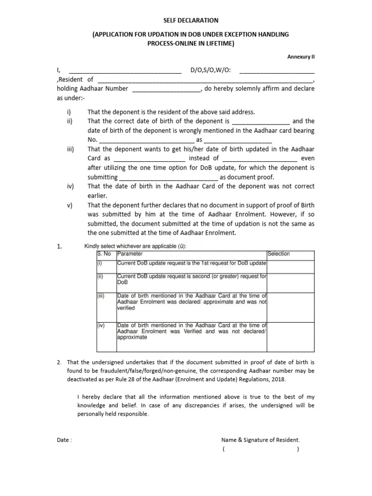 Aadhaar DOB Self Declaration Form | PDF