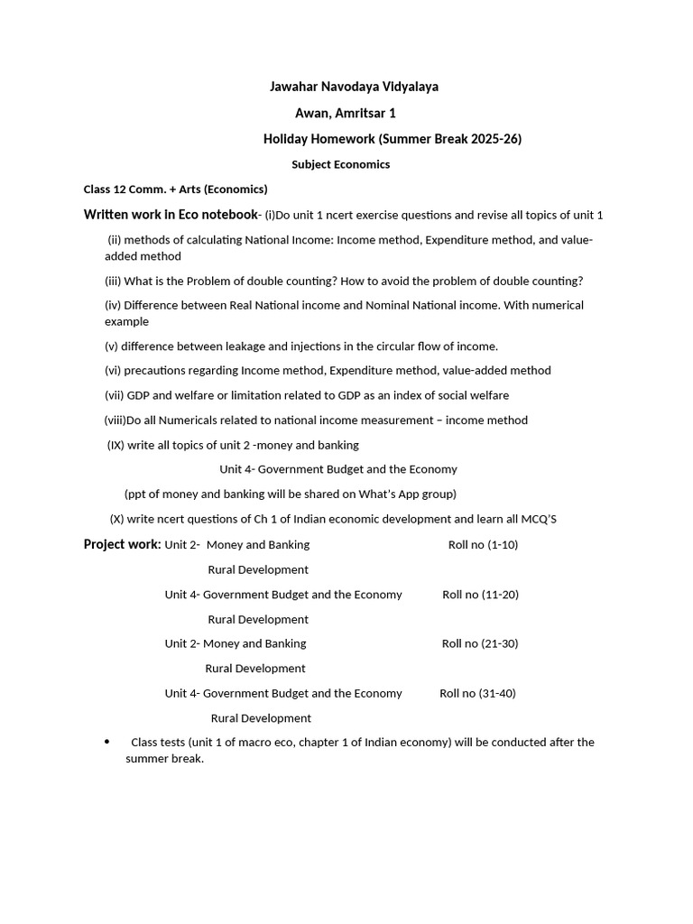 Summer Homework for Class 12 Economics | PDF | Measures Of National ...