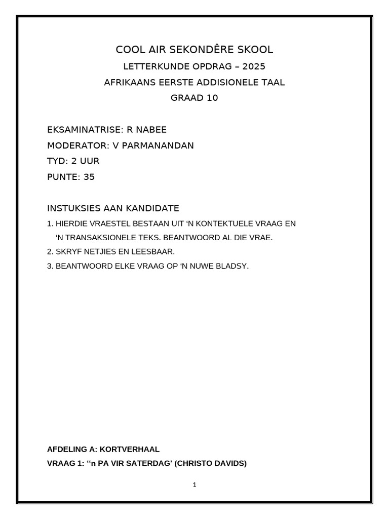 Grade 10 Term Afrikaans Letterkunde Opdrag | PDF