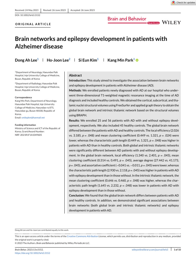 Brain and Behavior - 2023 - Lee - Brain Networks and Epilepsy ...