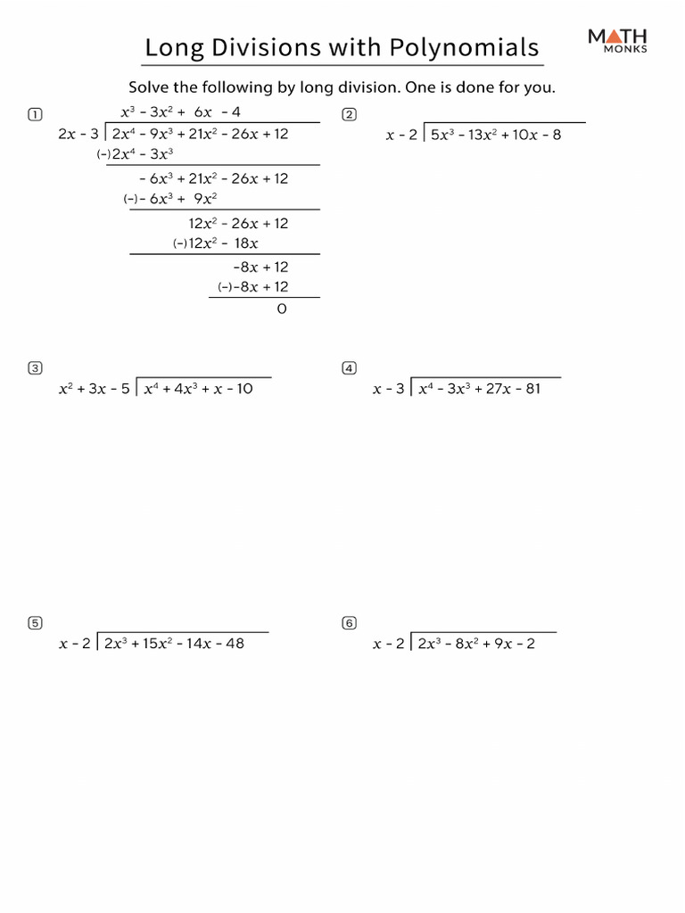 Polynomial Long Division Worksheet (1) | PDF