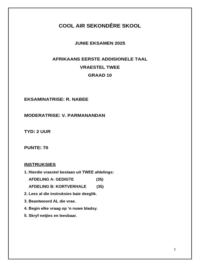 Afrikaans GR 10 Paper 2 June 2025 | PDF