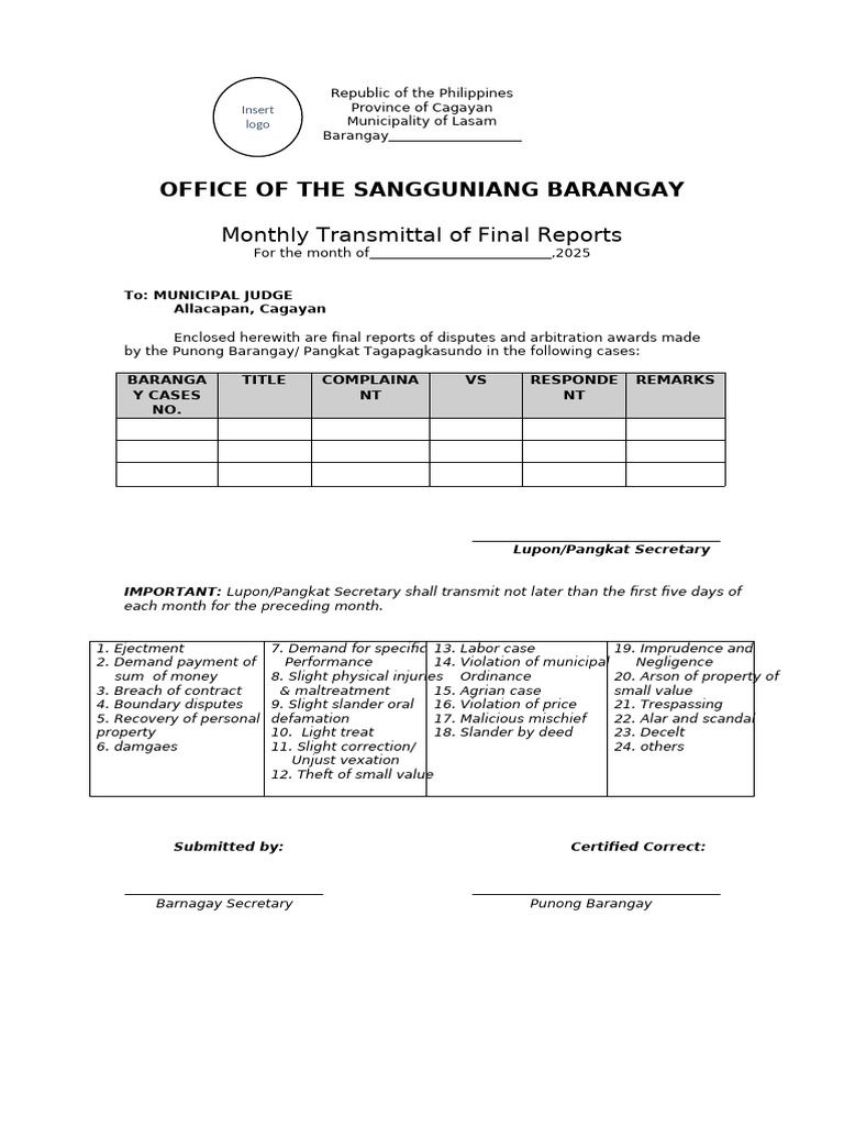 Monthly Barangay Dispute Reports 2025 | PDF