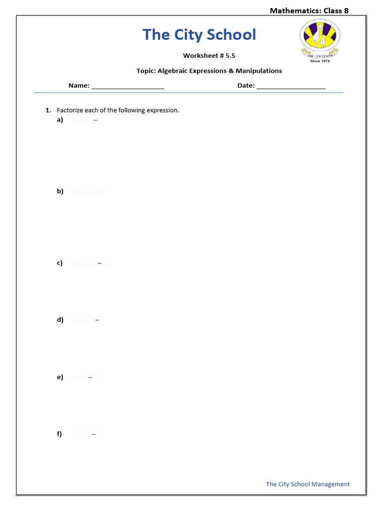 Class 8 Algebraic Expressions Worksheet | PDF