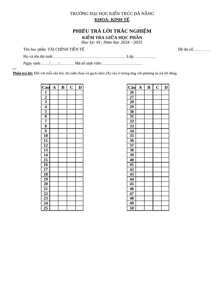 Phieu Tra Loi Trac Nghiem | PDF