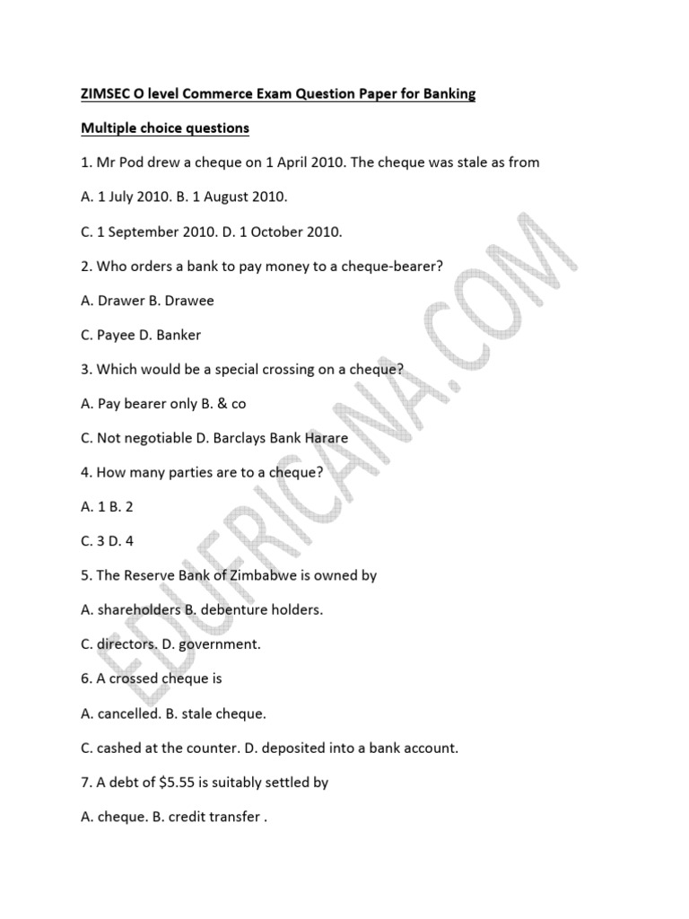 ZIMSEC O Level Commerce Exam Paper | PDF | Banks | Cheque