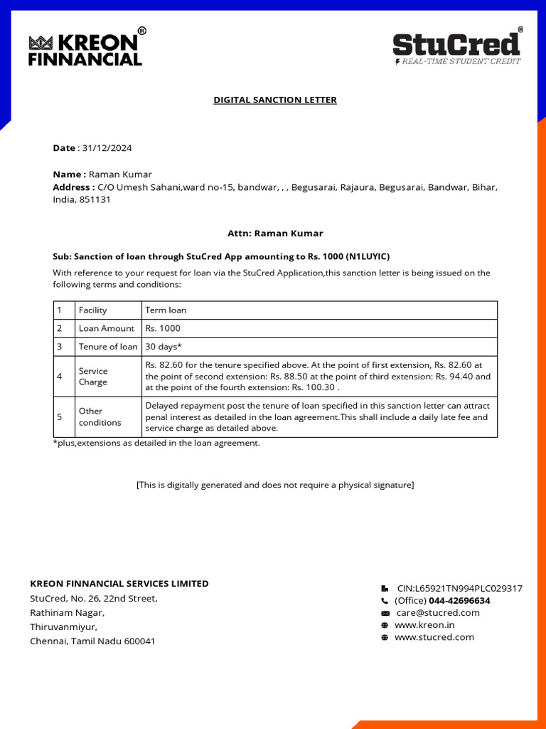 Loan Sanction Letter | PDF