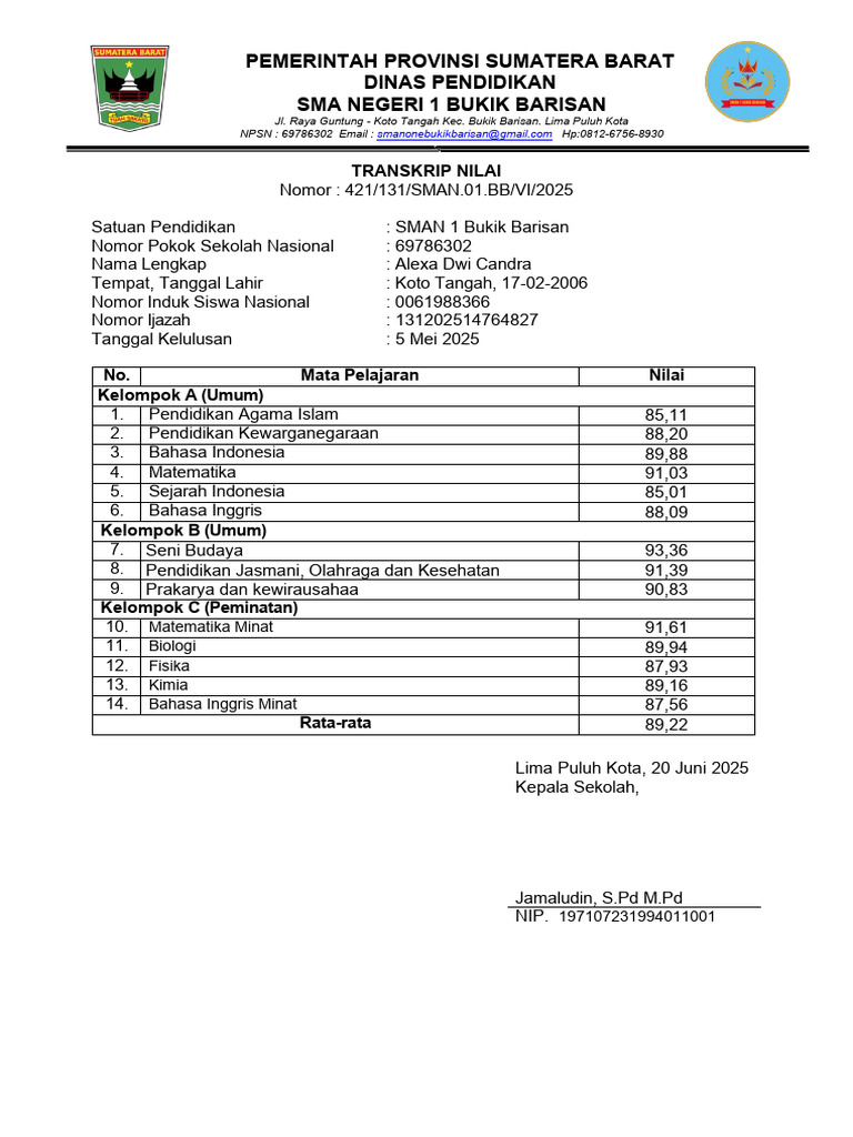 Transkrip Nilai Ipa 2024-2025 | PDF