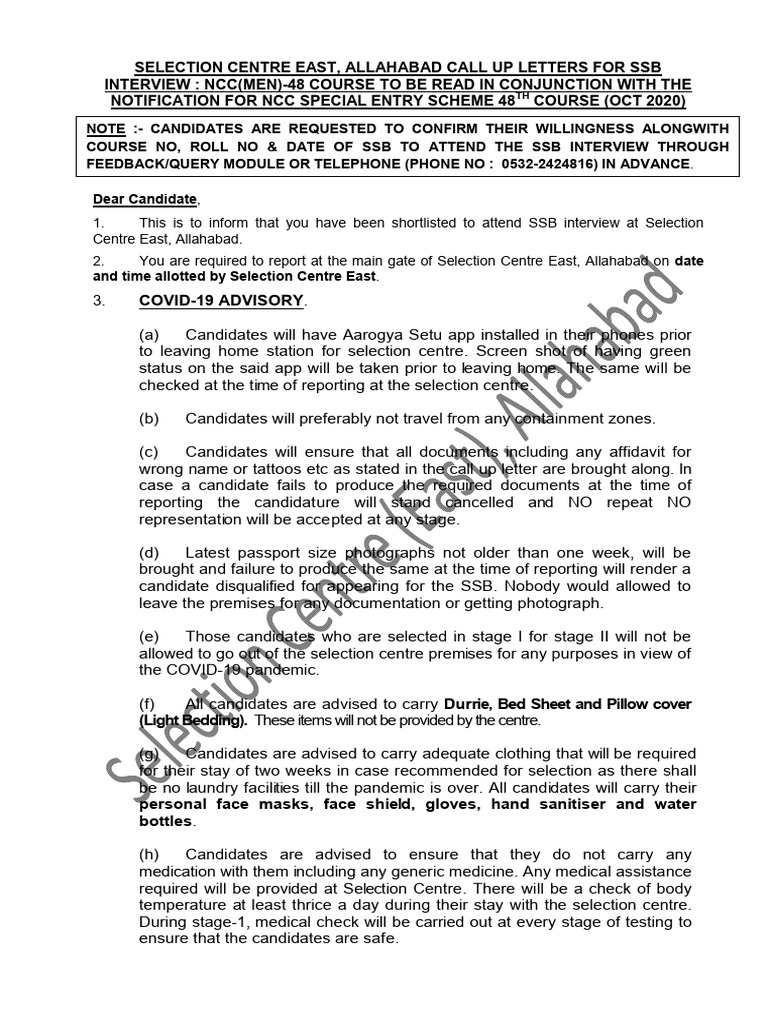 SSB Interview Call Letter for NCC 48 Course | PDF | Identity Document