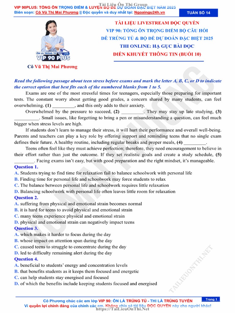 02 Vip 90 Tuan So 14 Thi Online Ha Guc Bai Doc Dien Khuyet Thong Tin Buoi 10 | PDF