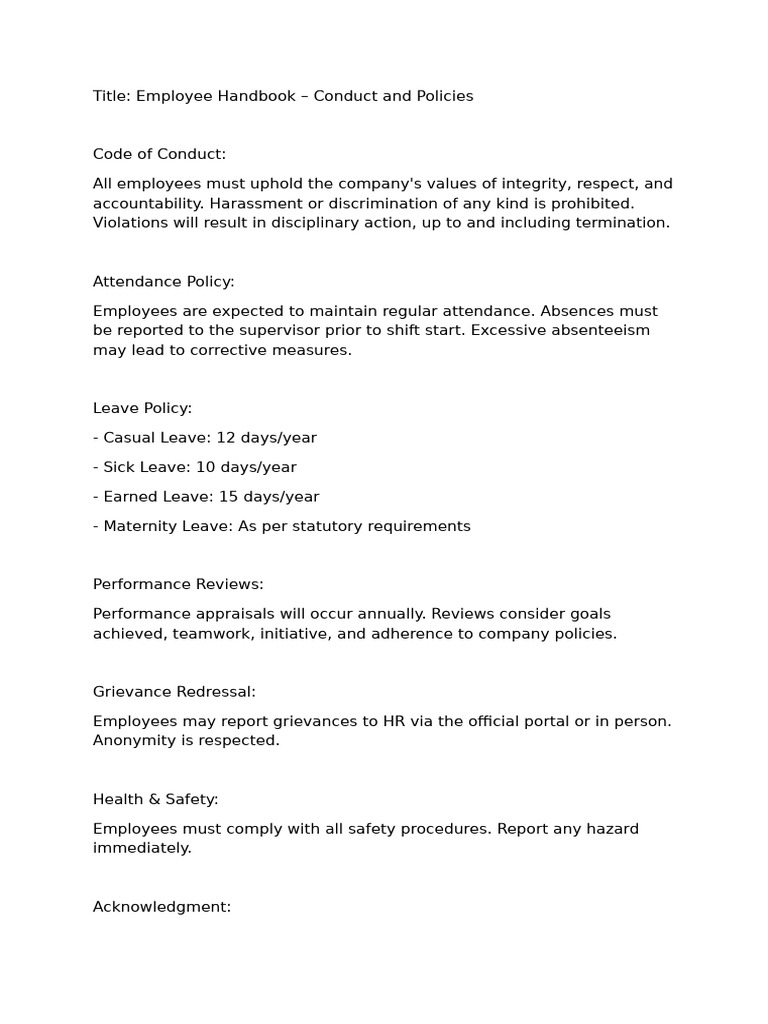 Employee Handbook: Conduct & Policies | PDF