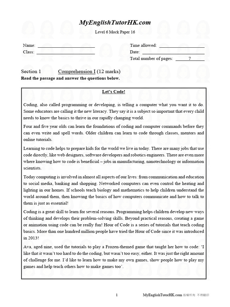 Level 6 Mock Paper: Coding & Reading | PDF | Computer Programming