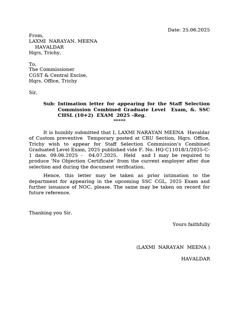 Sub: Intimation Letter For Appearing For The Staff Selection Commission ...