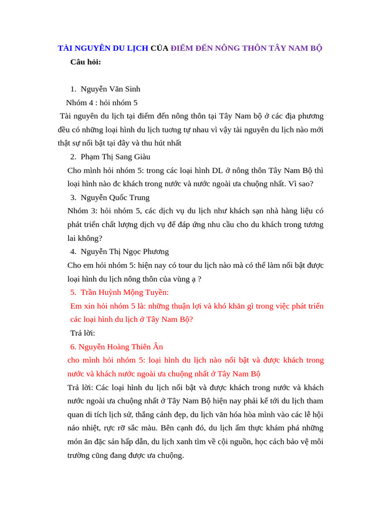 212TRA44501 QLĐĐDL Nhom5 Cauhoi tndlcuadiemdennongthonTNB | PDF