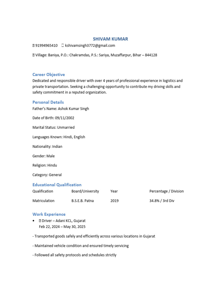 Experienced Driver Resume - Shivam Kumar | PDF