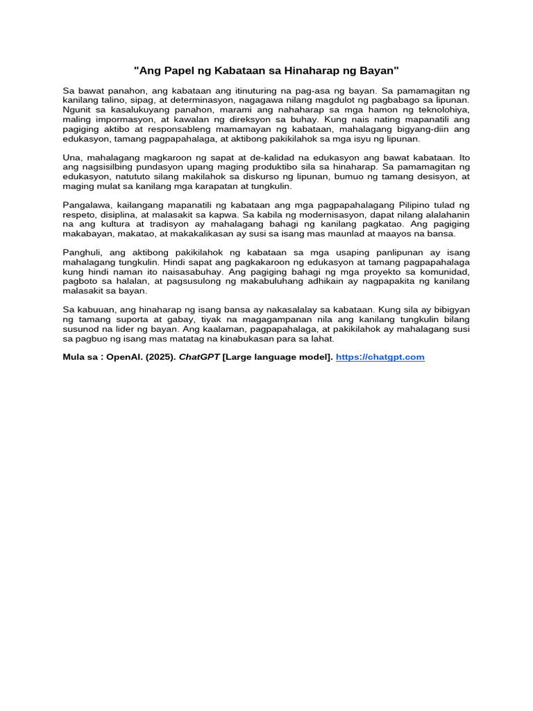 FIL - S5 - HO10 - Sanaysay - Assessment (LC4) - Ang Papel NG Kabataan ...