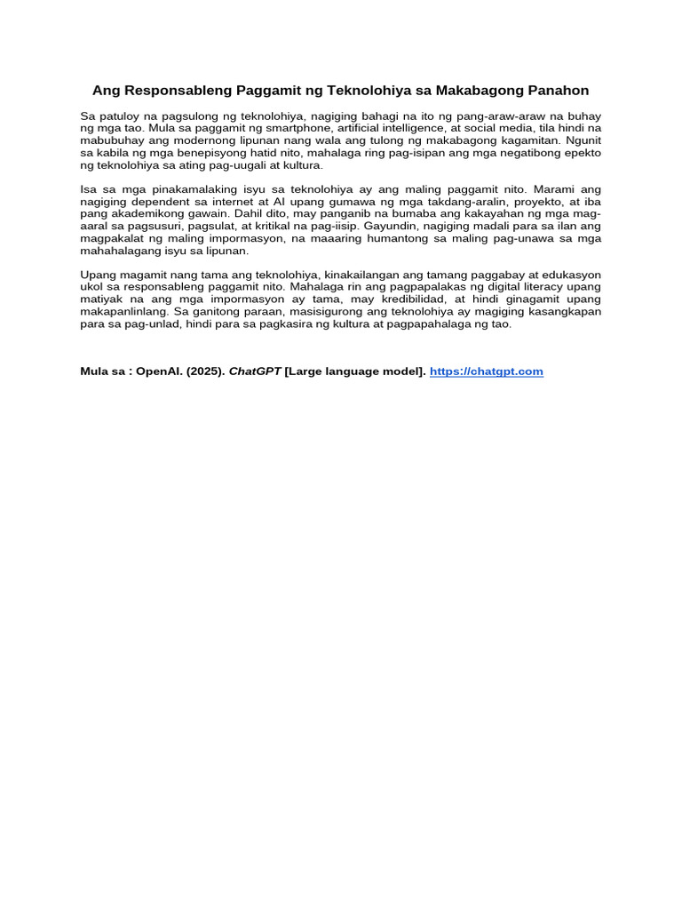 FIL - S5 - HO12 - Sanaysay - Assessment (LC4) - Ang Responsableng Paggamit NG Teknolohiya Sa ...