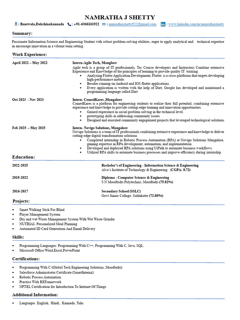 Namratha Shetty: Engineering Intern Profile | PDF | Computer ...