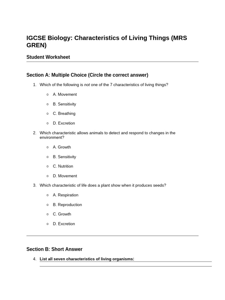 IGCSE Biology - Characteristics of Living Things (MRS GREN) | PDF