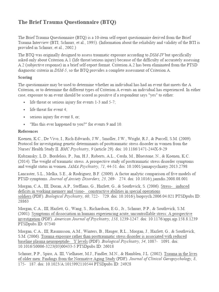 Brief Trauma Questionnaire (BTQ) | PDF | Psychological Trauma | Self ...