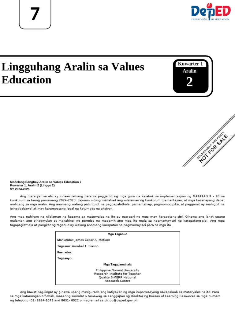 Le - Values Education 7 q1 - w2 | PDF