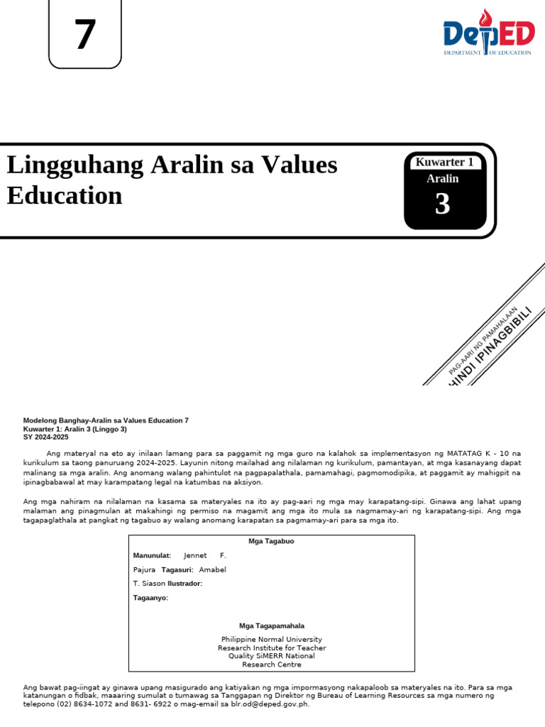 Le - Values Education 7 q1 - w3 | PDF