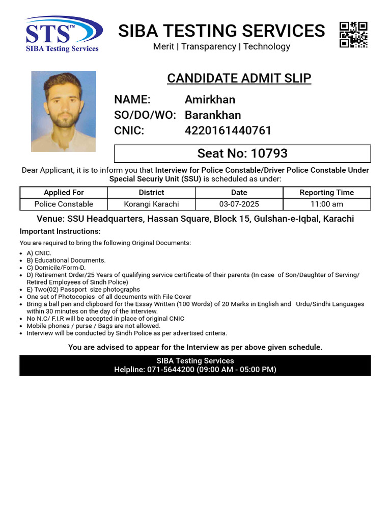 Siba Testing Services: Candidate Admit Slip | PDF