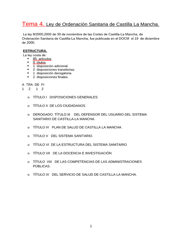 Resumen Mio Tema 4 Ley de Ordenacion Sanitaria de CLM 1 | PDF | Cuidado de la salud | Presupuesto