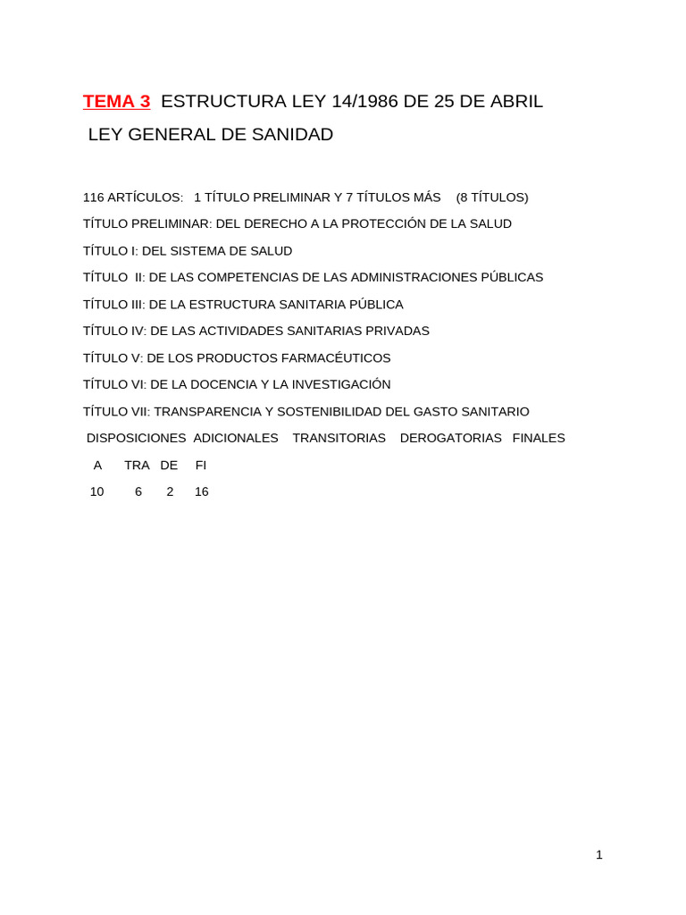 Resumen Mio Tema 3 Estructura Ley 14 - 1986 de 25 de Abril | PDF | Hospital | Cuidado de la salud