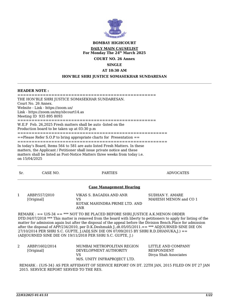 Bombay High Court Cause List March 24, 2025 | PDF