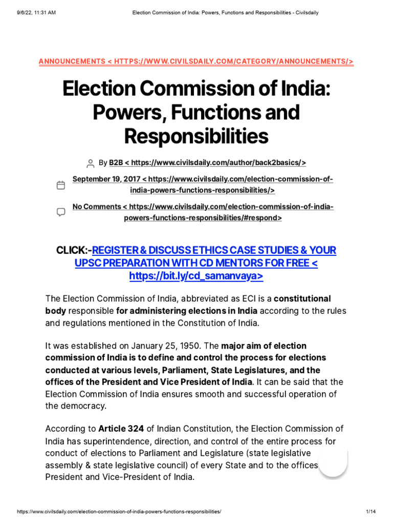 Election Commission of India - Powers, Functions and Responsibilities ...