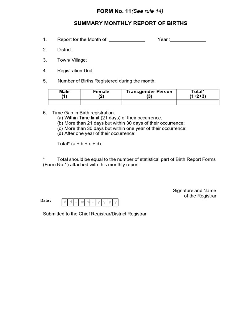 Summary Monthly Report of Birth. Form 11 | PDF