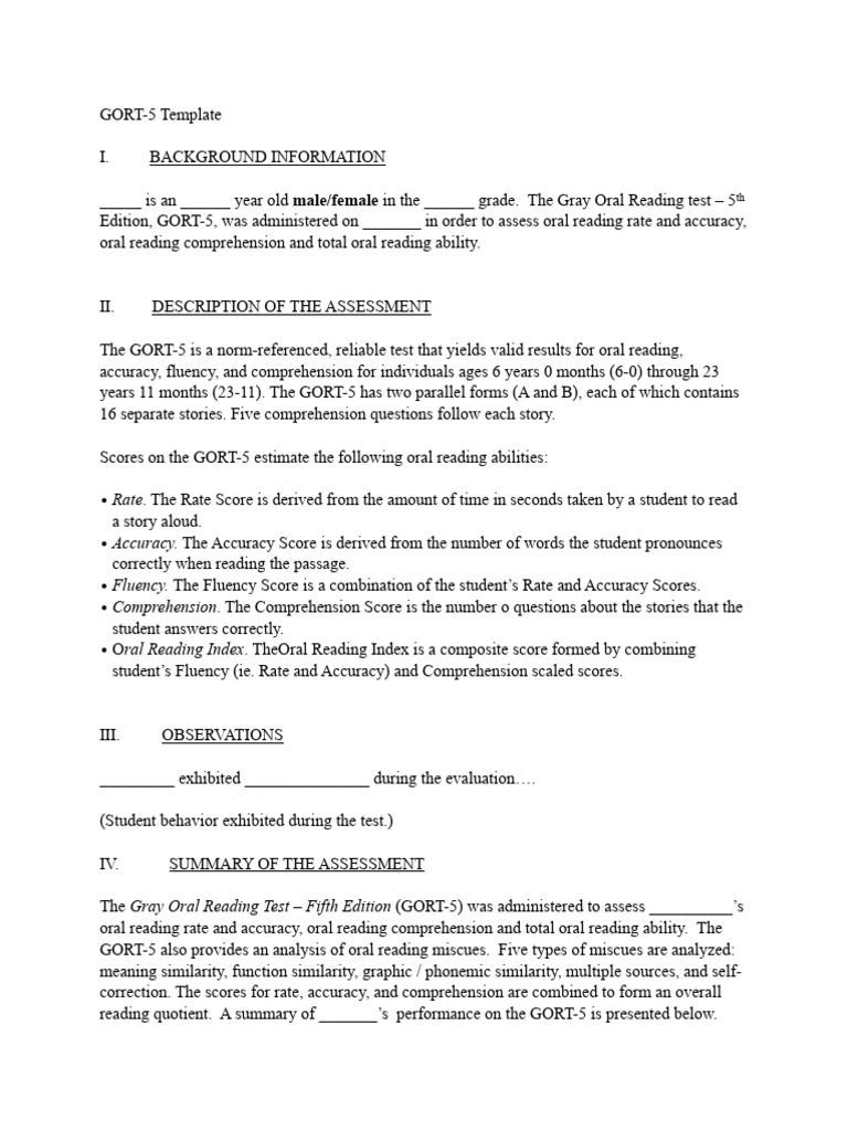 GORT-5 Oral Reading Assessment Report | PDF | Reading Comprehension ...
