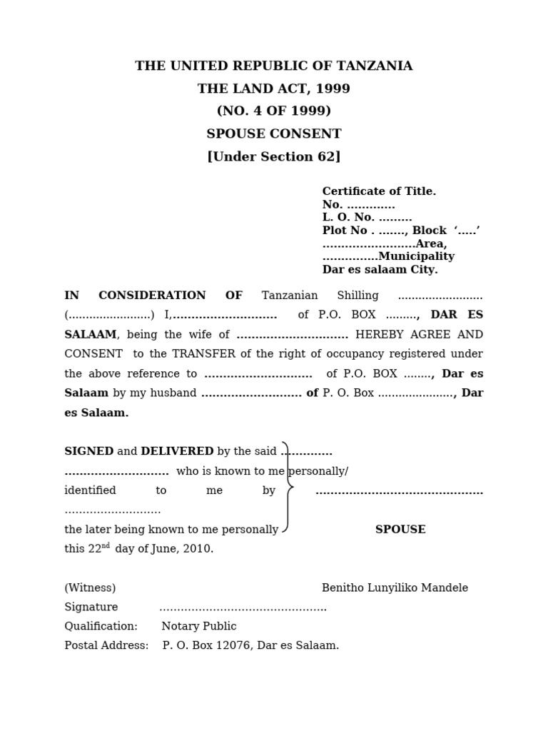 Spouse Consent Form for Land Transfer | PDF