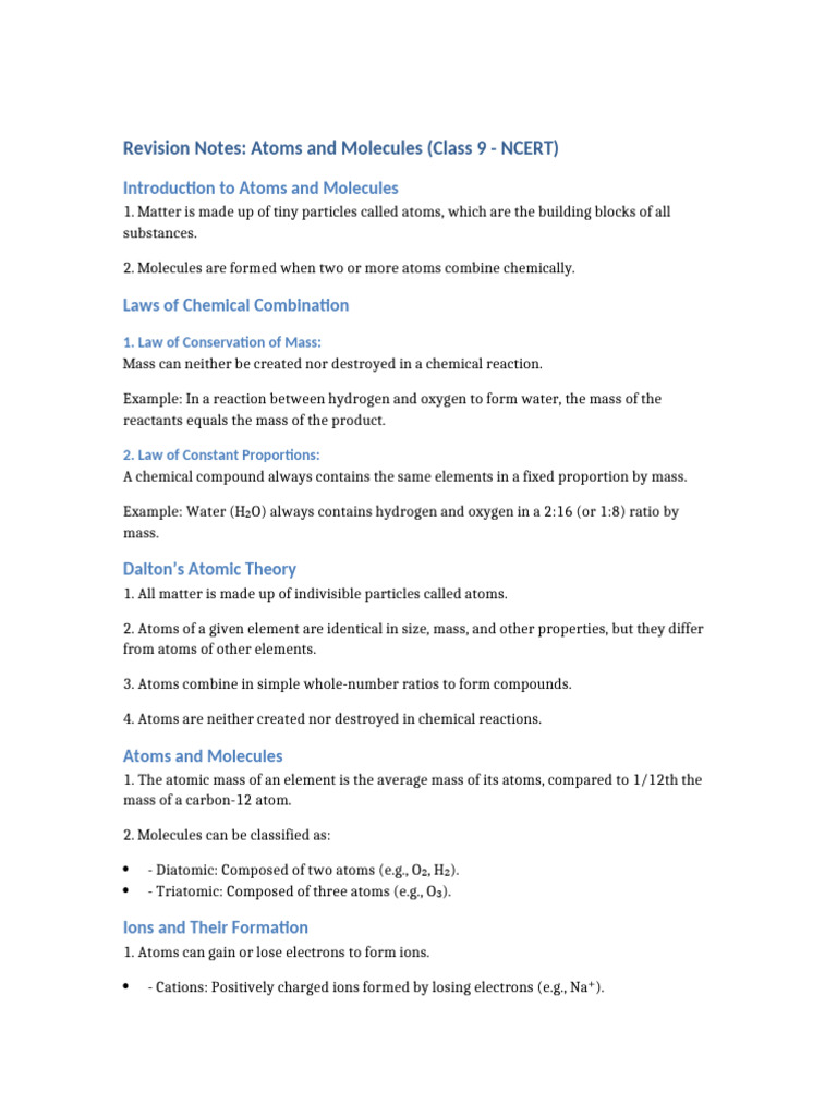 Atoms and Molecules Notes | PDF