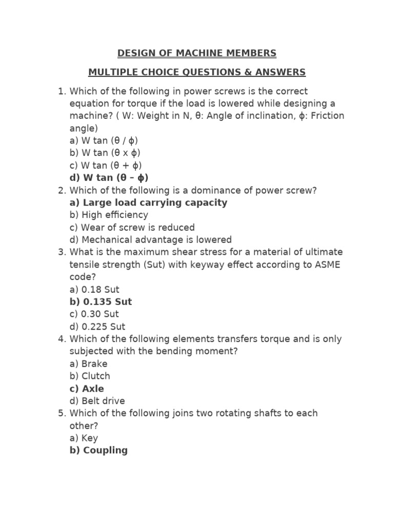Machine Design MCQs and Answers | PDF | Deformation (Engineering ...