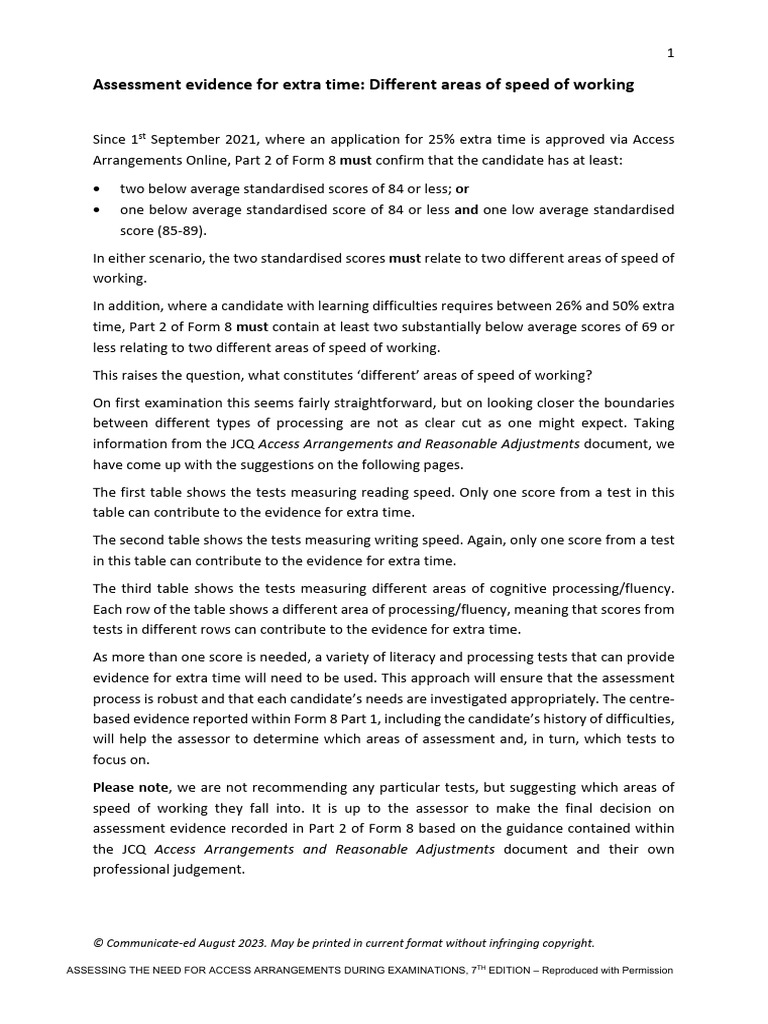 Assessment Evidence For Extra Time: Different Areas of Speed of Working ...