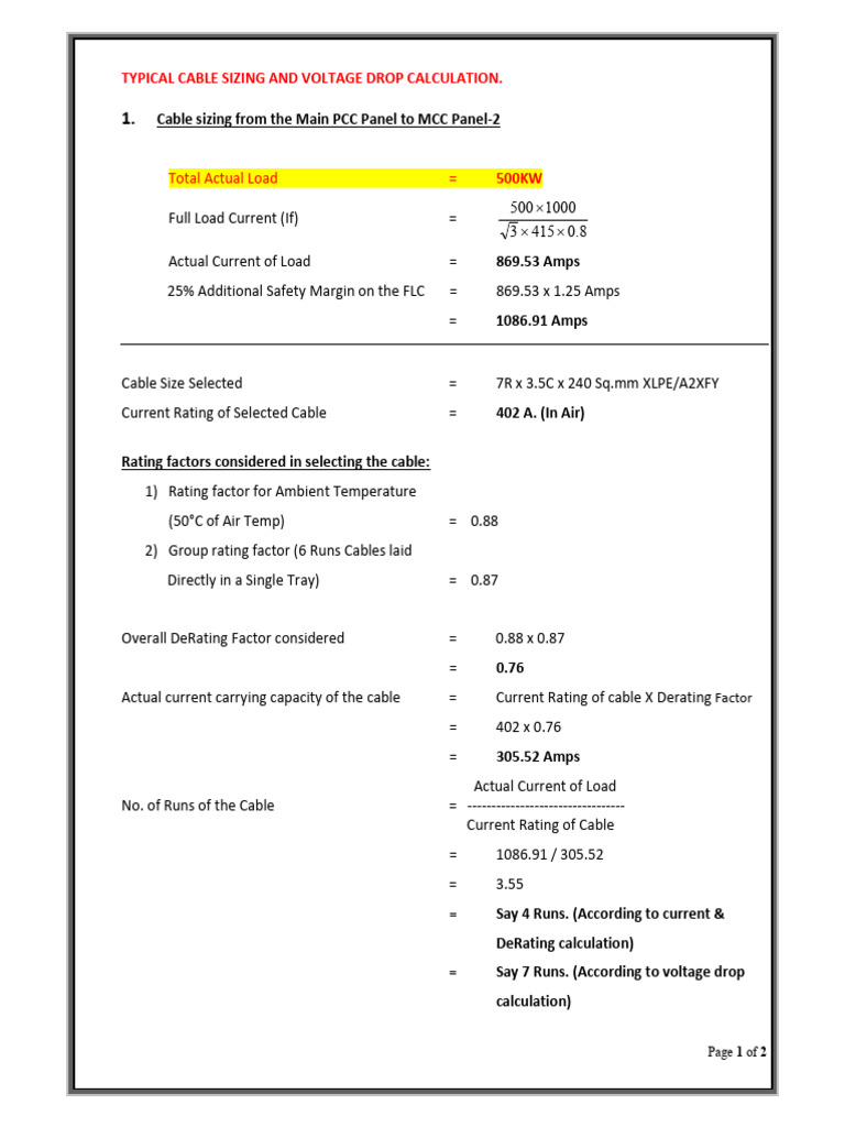 M T Jazeel - CABLE SIZING & VOLTAGE DROP CALCULATIONS - 06.03.24 | PDF ...