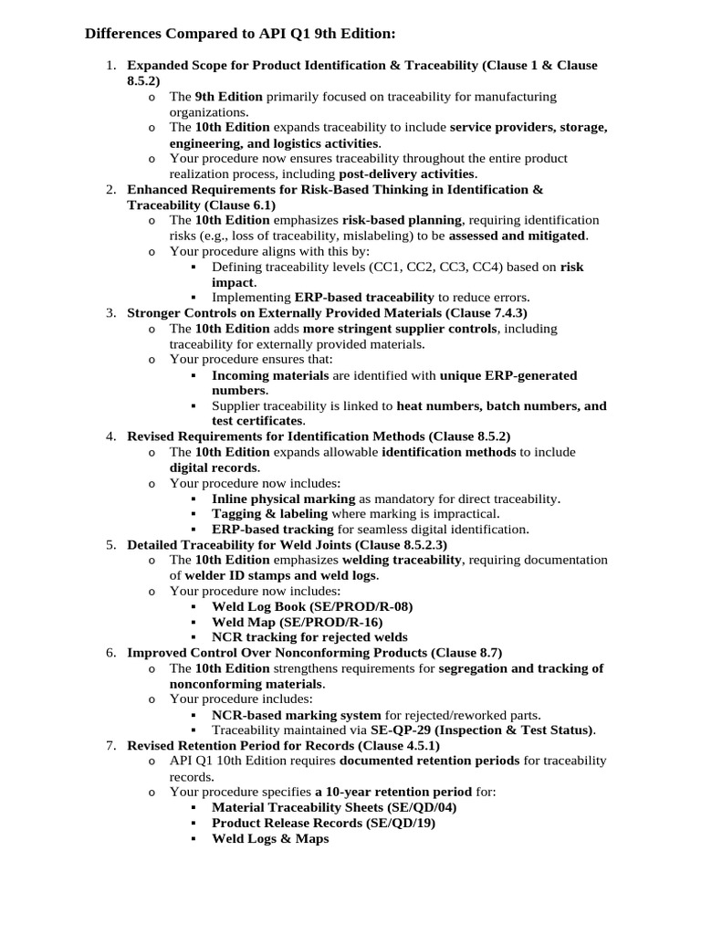 API Q1 10th vs 9th Edition Changes | PDF | Quality Management System ...