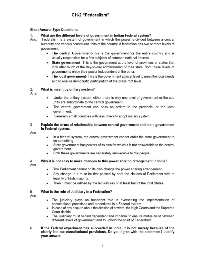 Extra Question and Answers Ch-2 Federalism-1 | PDF | Legal Documents ...