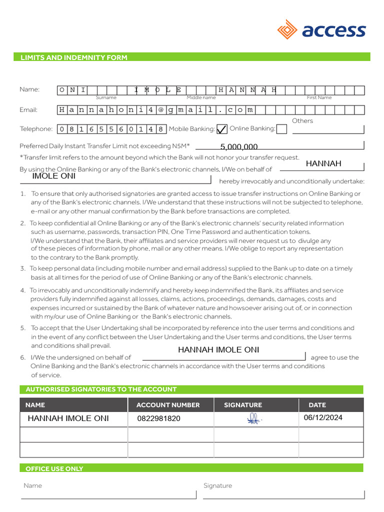 Transfer Limit Indemnity Form | PDF | Indemnity | Online Banking