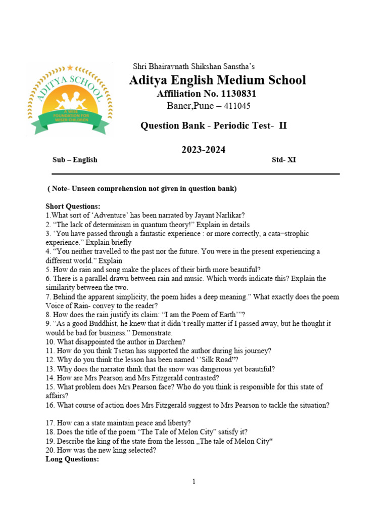 Question Bank PT - II STD XI Eng 2024-25 | PDF